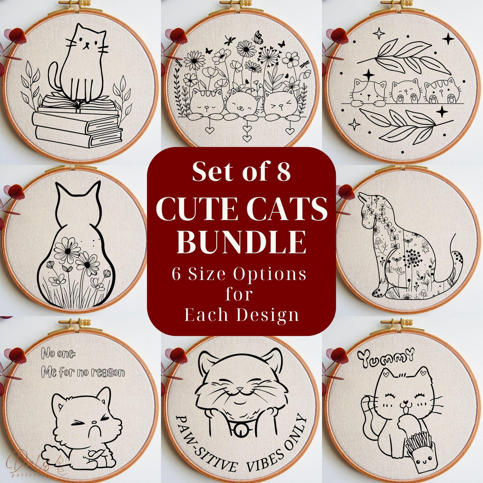Floral Cute Cats Embroidery PDF Pattern Bundle, Flowers and Kitties DIY ...