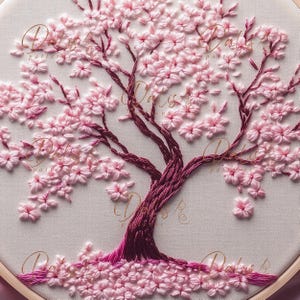 Cherry Blossoms Hand Embroidery Design, Pink Sakura Tree Embroidery ...