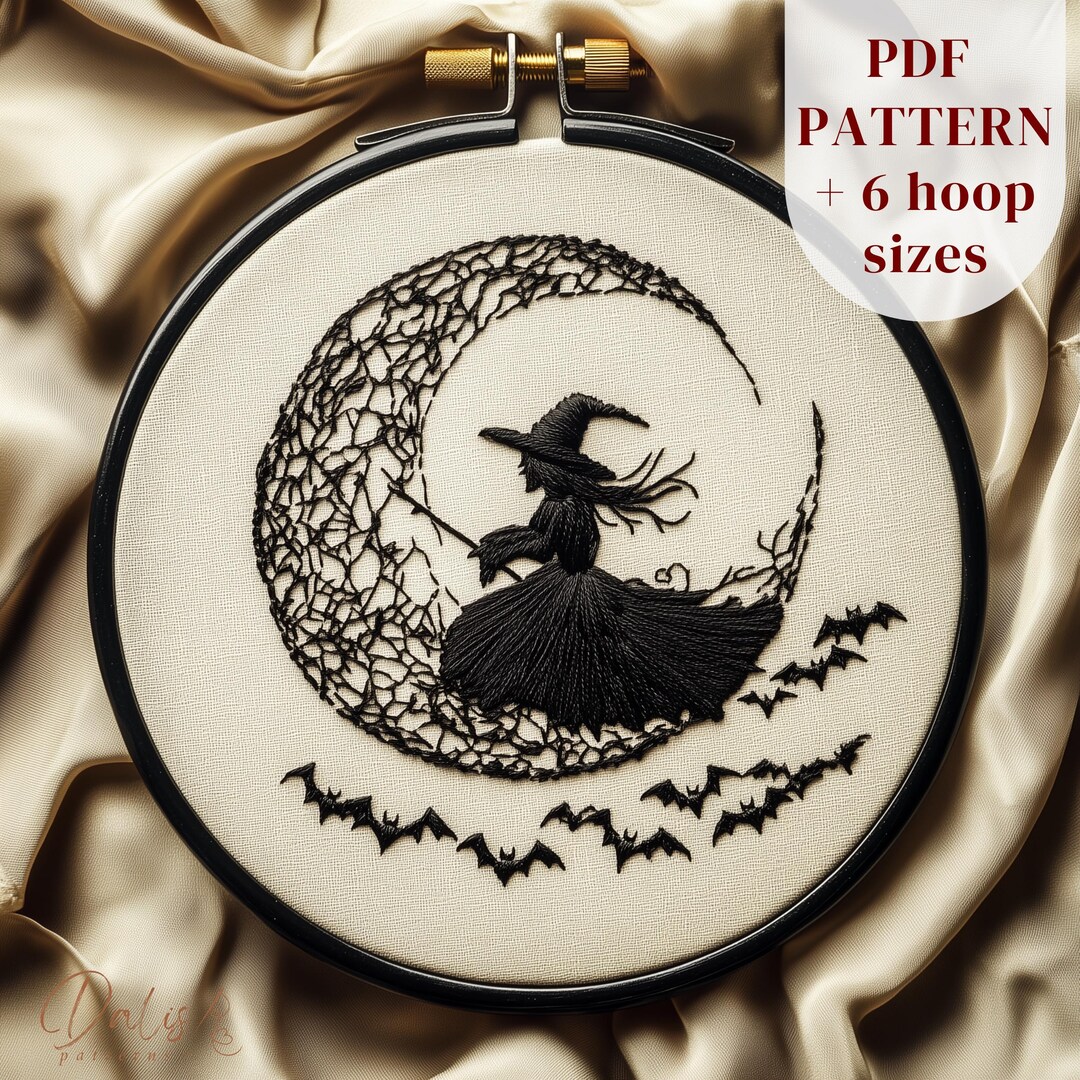 Witchy Hand Embroidery Pattern, Halloween Embroidery Design, Flying ...