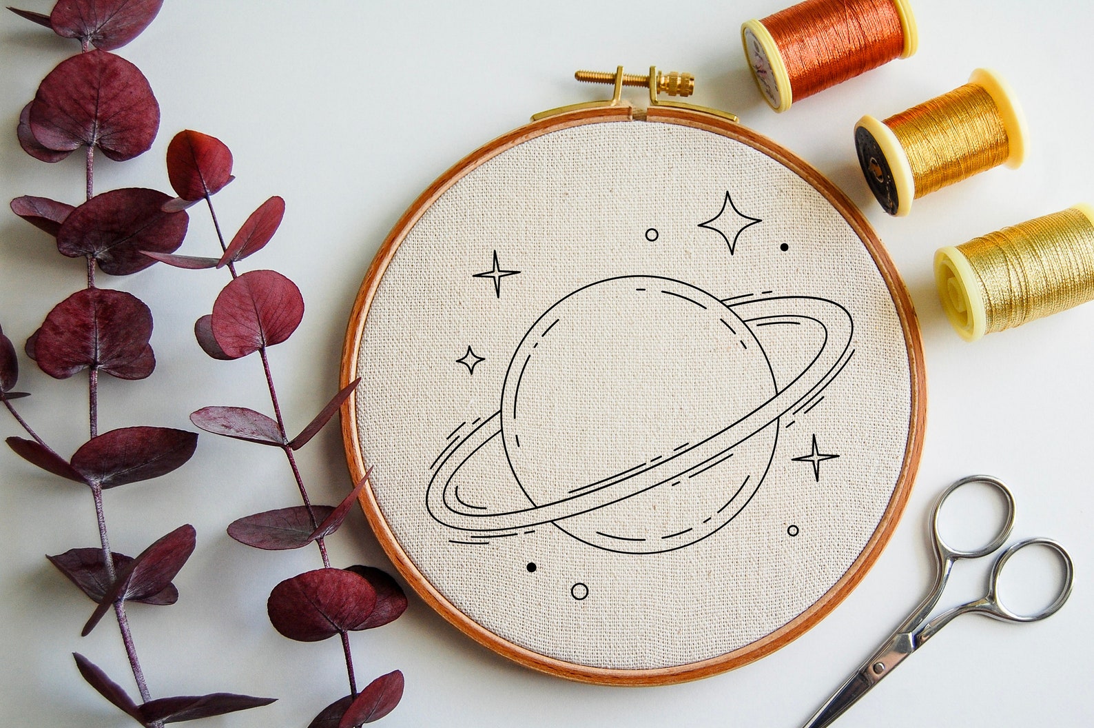 Cosmic Planet Hand Embroidery Design Digital Files, Minimal Celestial ...