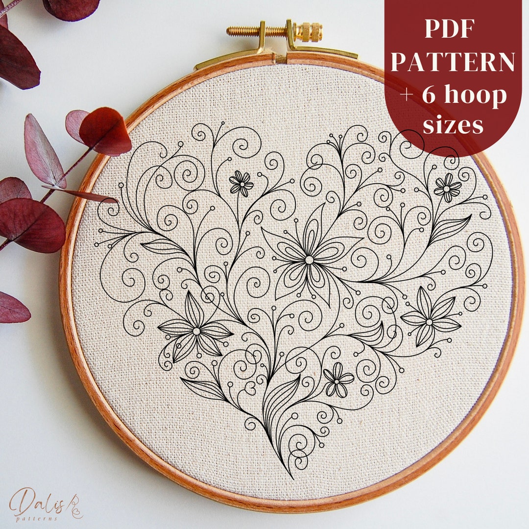 Floral Heart PDF Embroidery Pattern, Hand Embroidery Design for DIY ...