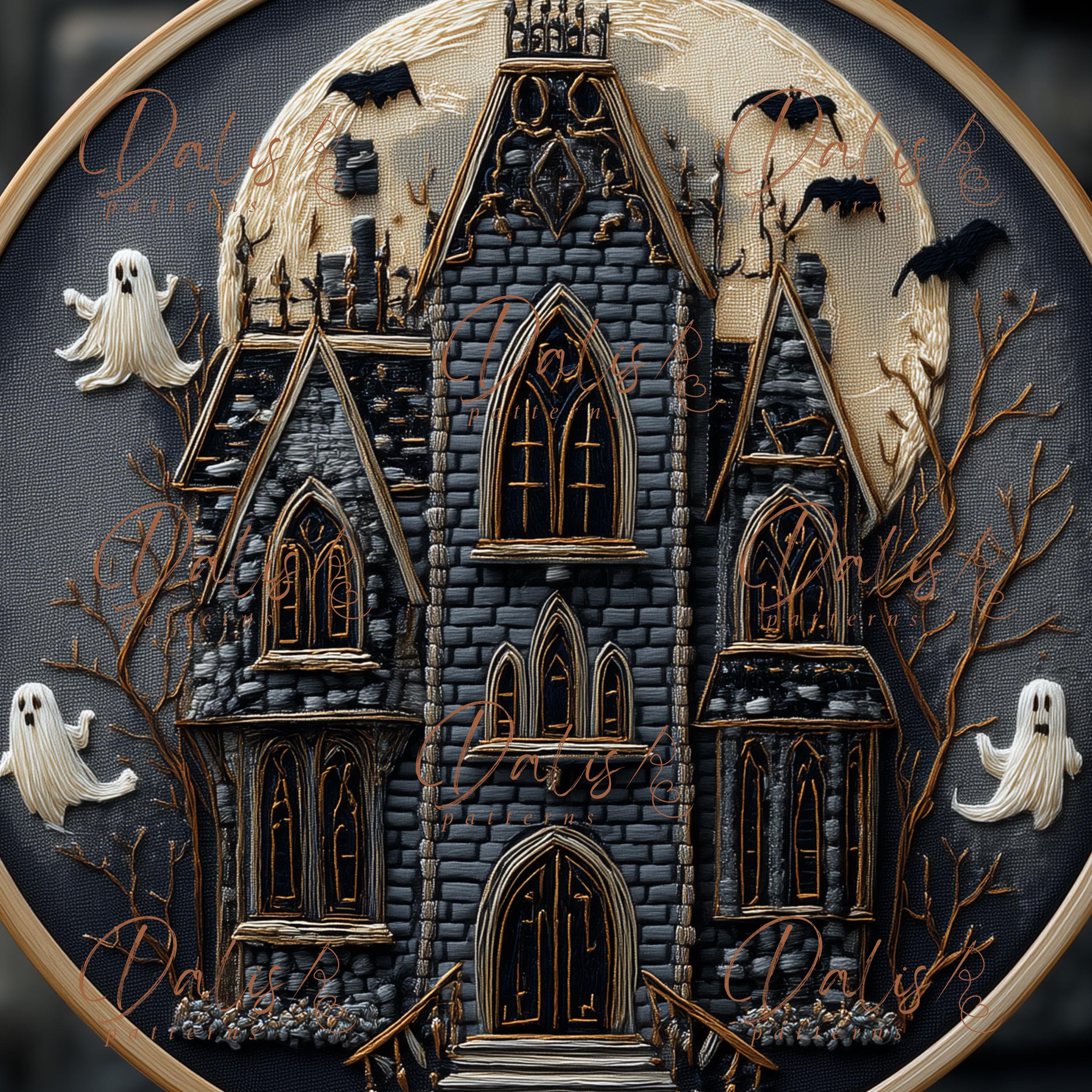 Haunted House Embroidery Pattern, Halloween Hand Embroidery Design ...