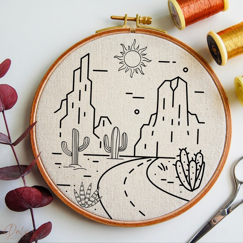 Landscape Hand Embroidery PDF Pattern File, Desert With Cactus Monoline ...