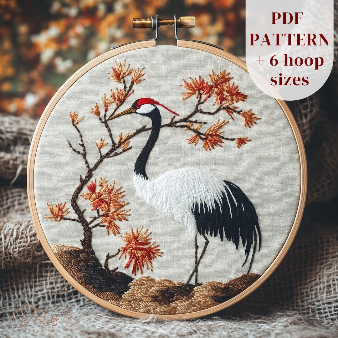 Red Crowned Crane Embroidery Pattern, Animal Hand Embroidery Design ...