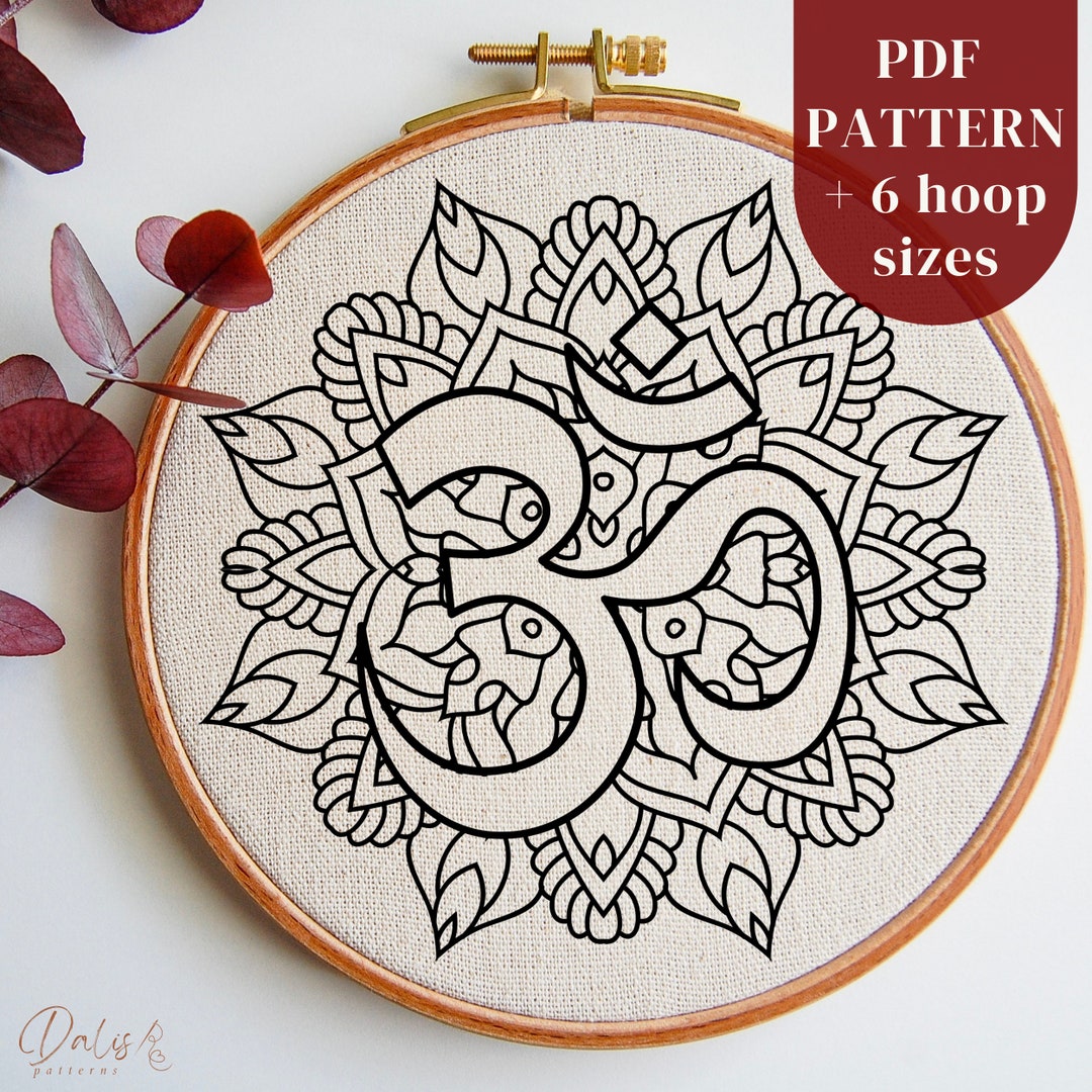 Mandala and Om Symbol Embroidery PDF Pattern File for Spiritual Hoop Art, Modern Line Art Hand ...