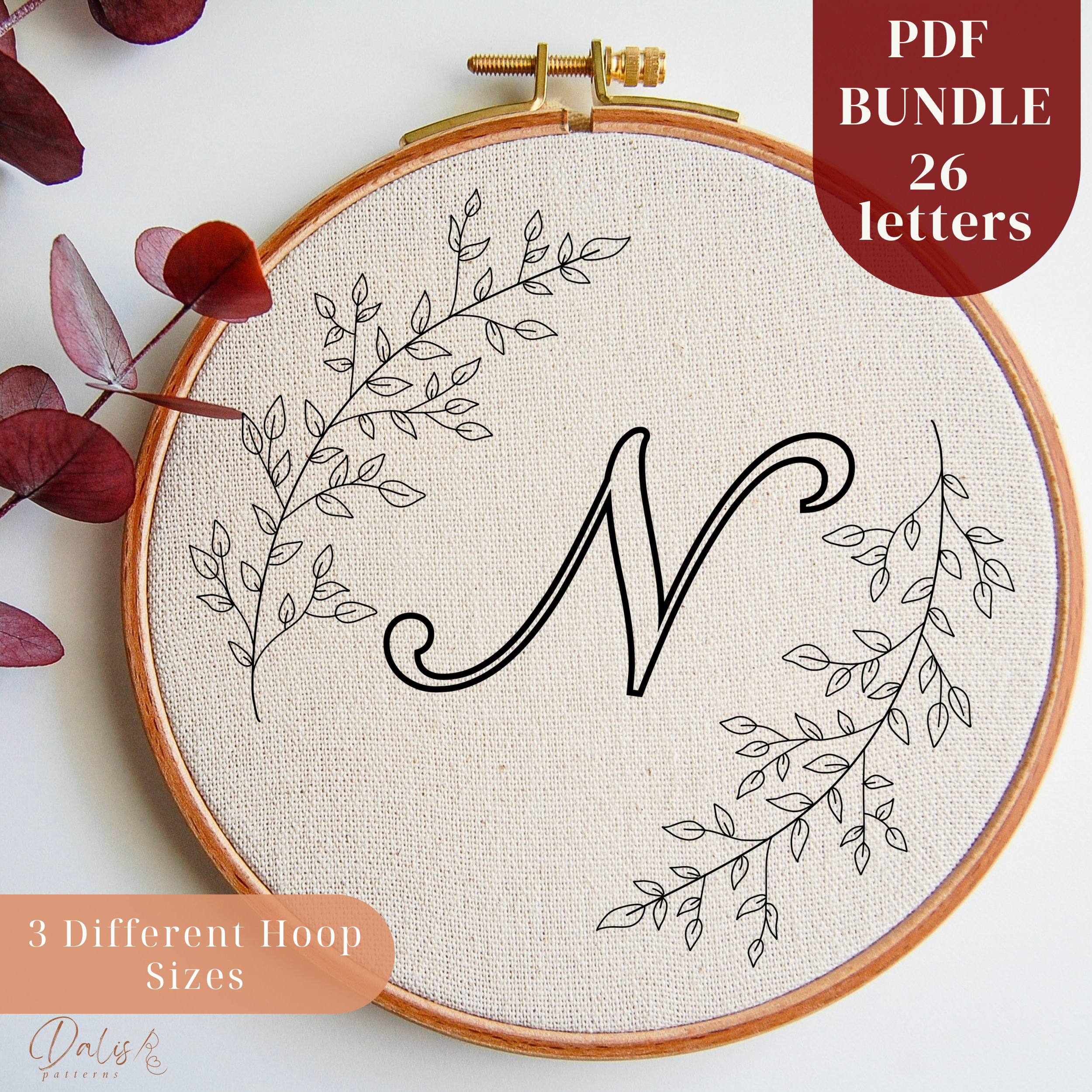 A-Z Alphabet Embroidery PDF Pattern Designs With Leaves, 26 Letters ...