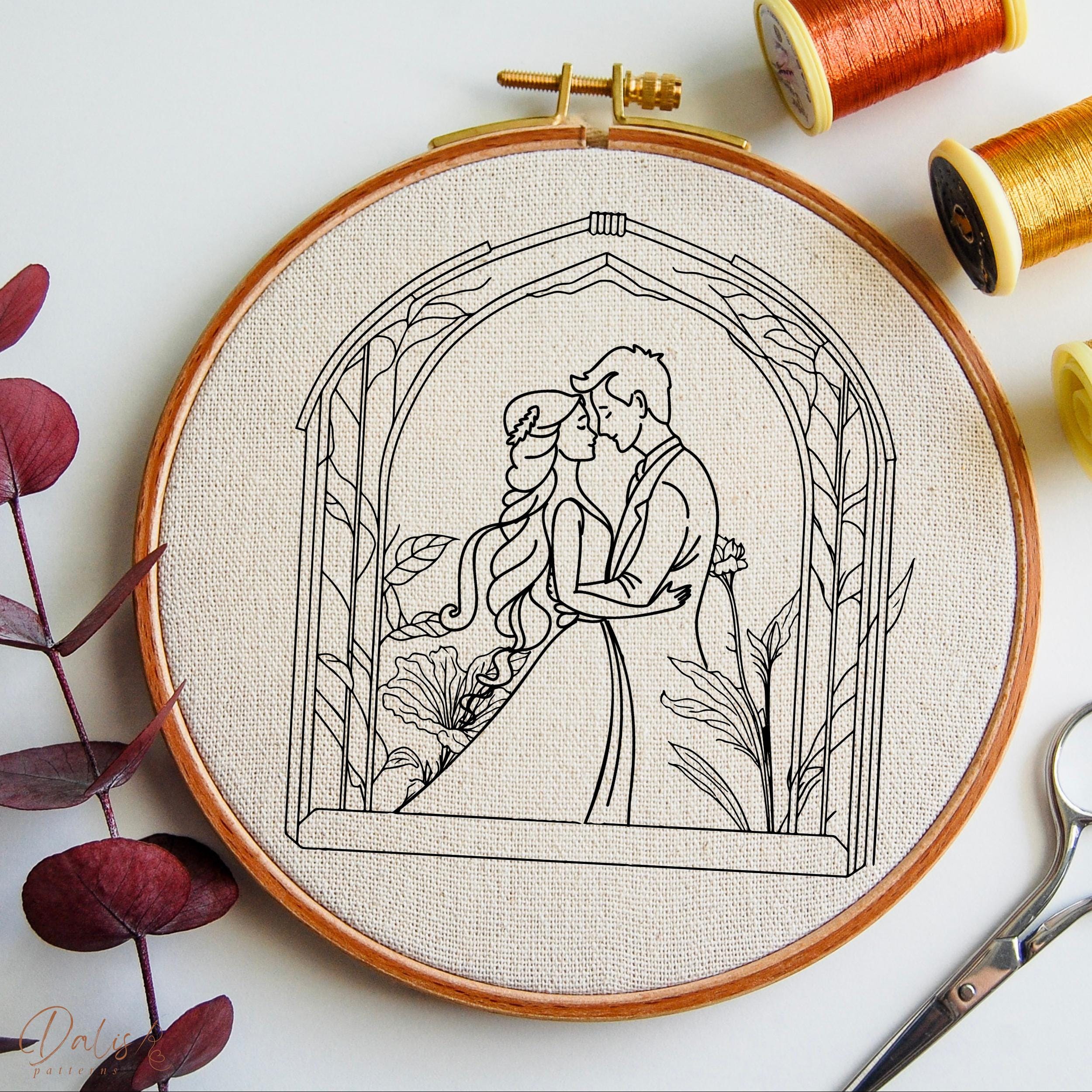 Wedding Embroidery Design Template, Groom and Bride in Floral Arch ...