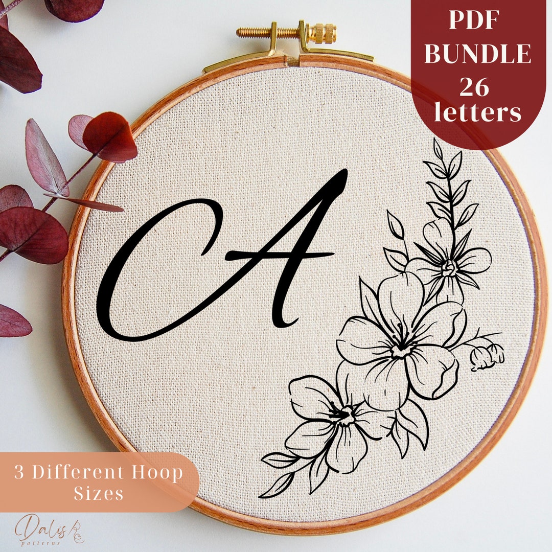 Initial DIY Hand Embroidery PDF Pattern Bundle With Flowers, Full ...