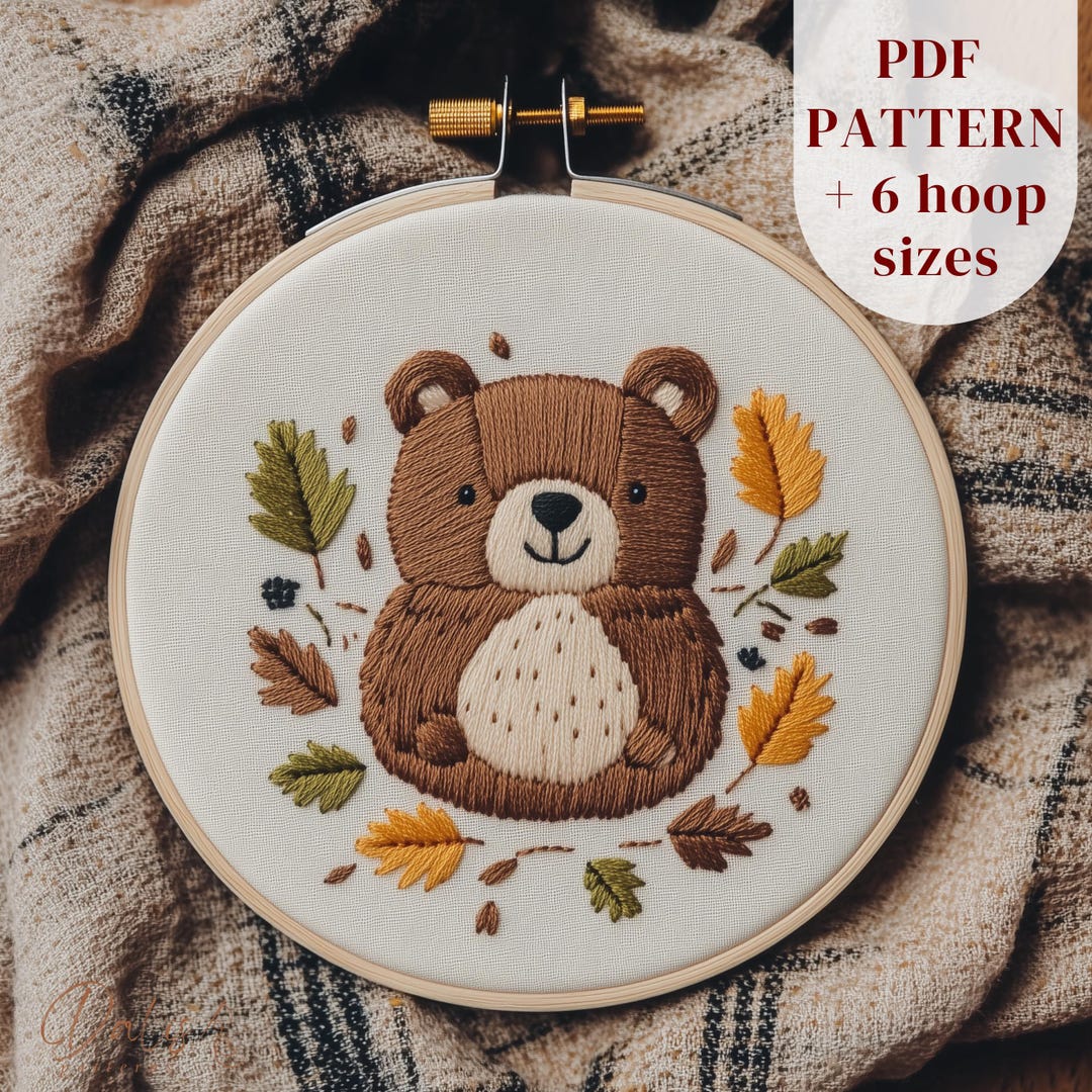 Baby Bear Hand Embroidery Pattern, Cute Animal Embroidery Design ...