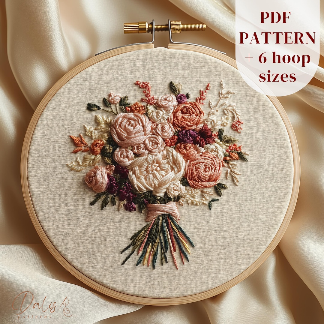 Wedding Flowers Embroidery PDF Pattern, Flower Bouquet Embroidery ...