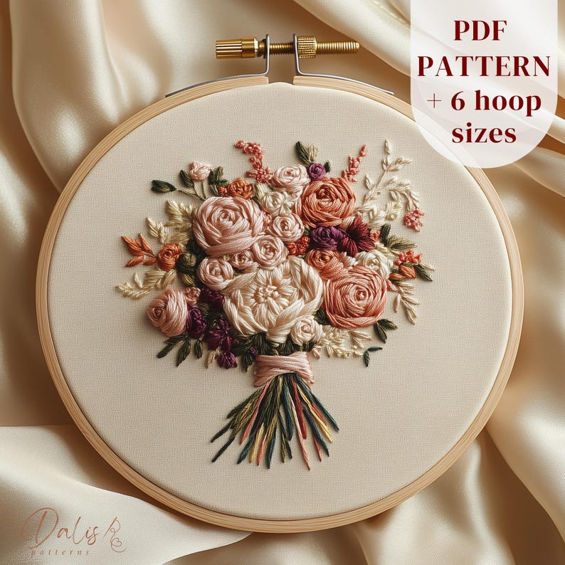 Wedding Flowers Embroidery PDF Pattern, Flower Bouquet Embroidery ...