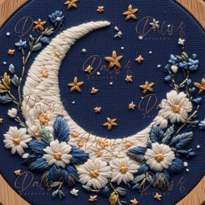 Celestial Hand Embroidery Design, Floral Moon Embroidery Pattern ...