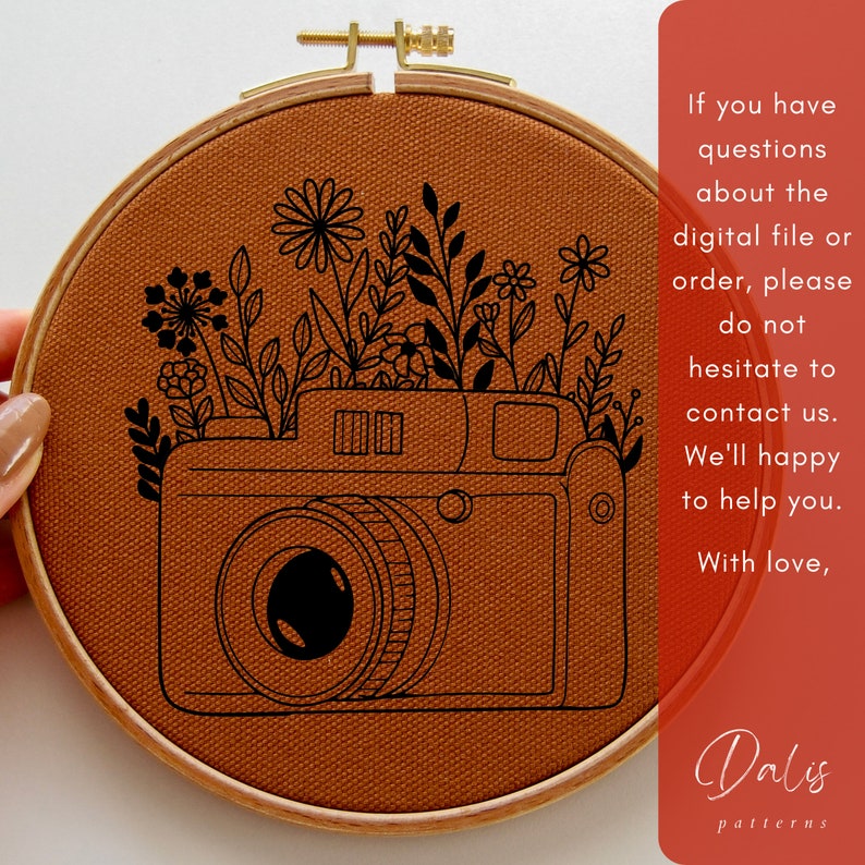 Floral Camera Embroidery Design for DIY Hoop Art Beginners, Embroidery ...
