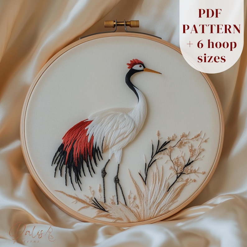 Red Crowned Crane Embroidery Pattern, Japanese Crane Bird Embroidery ...