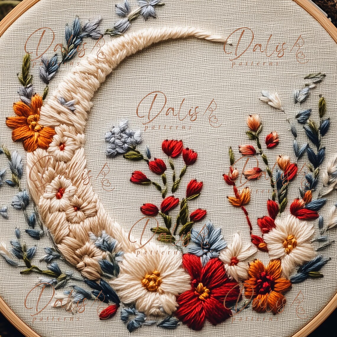 Celestial Hand Embroidery Pattern, Floral Crescent Moon Embroidery ...