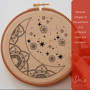 Celestial Hand Embroidery Design Template, Mystical Crescent Moon DIY ...