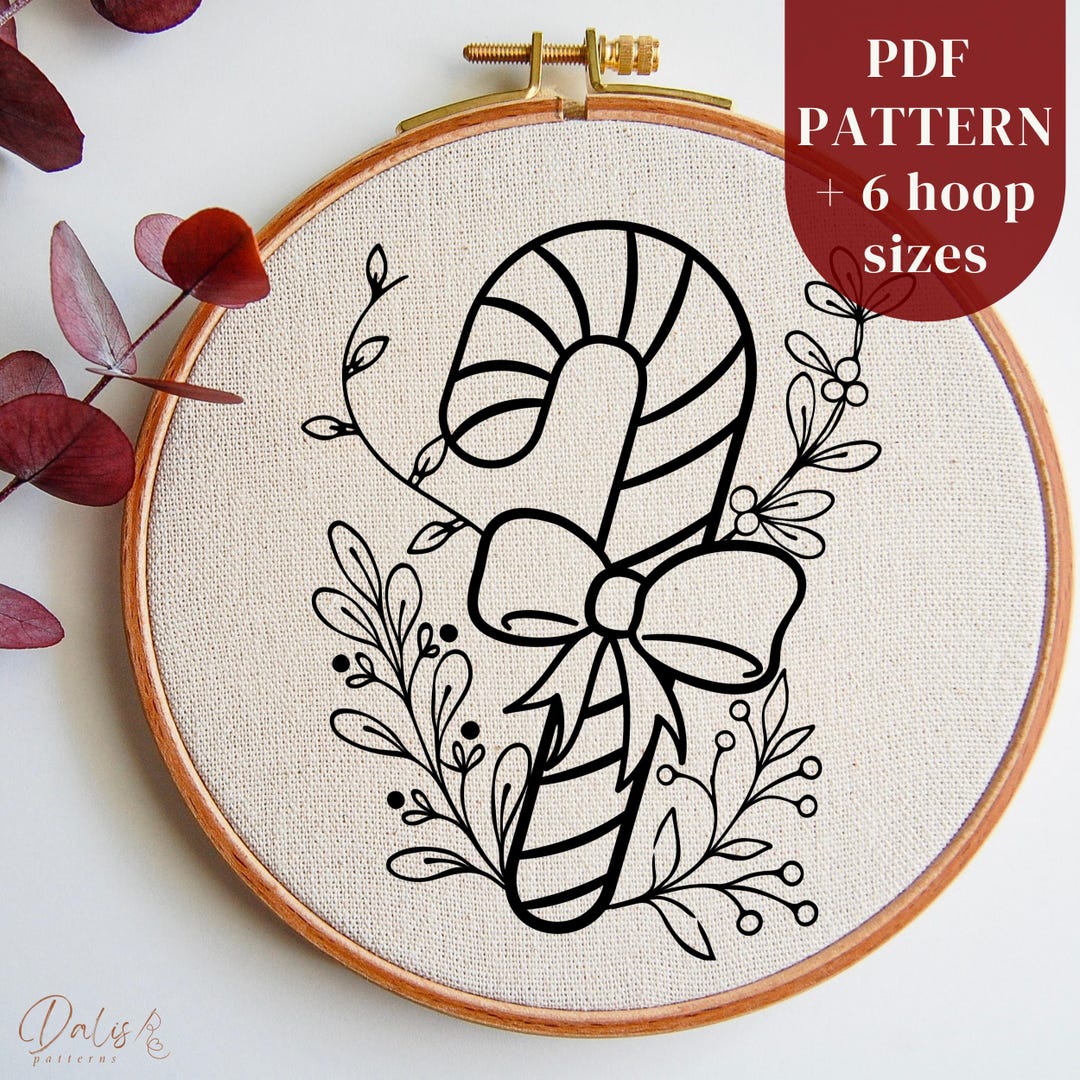 Christmas Embroidery PDF Pattern, Candy Cane Hand Embroidery Hoop Art ...