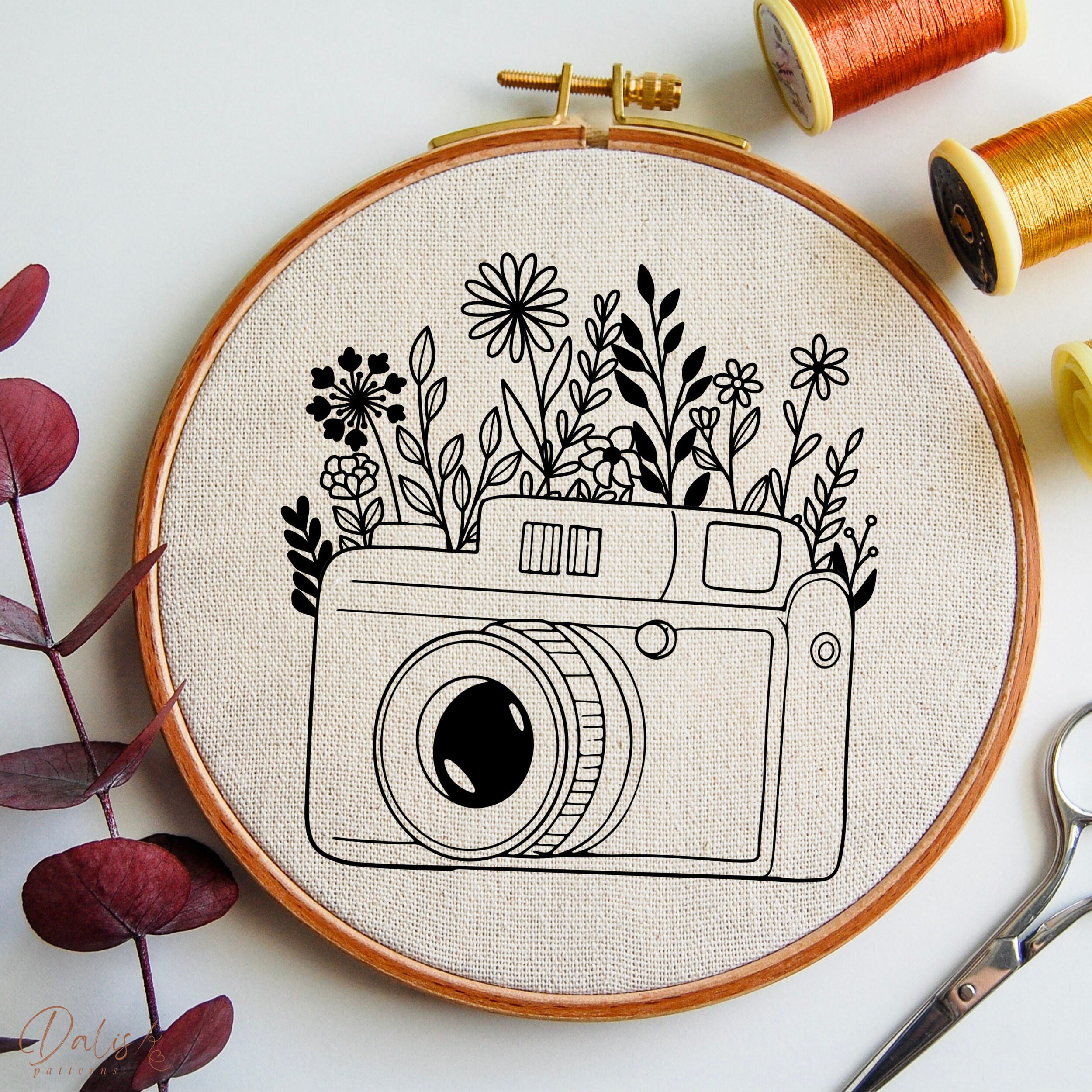 Floral Camera Embroidery Design for DIY Hoop Art Beginners, Embroidery ...