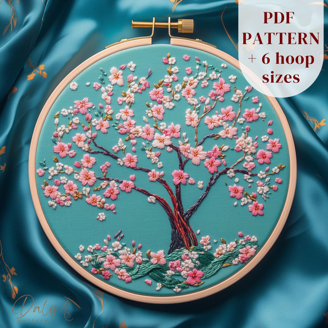 Sakura Tree Hand Embroidery Pattern, Cherry Blossoms Embroidery Design ...