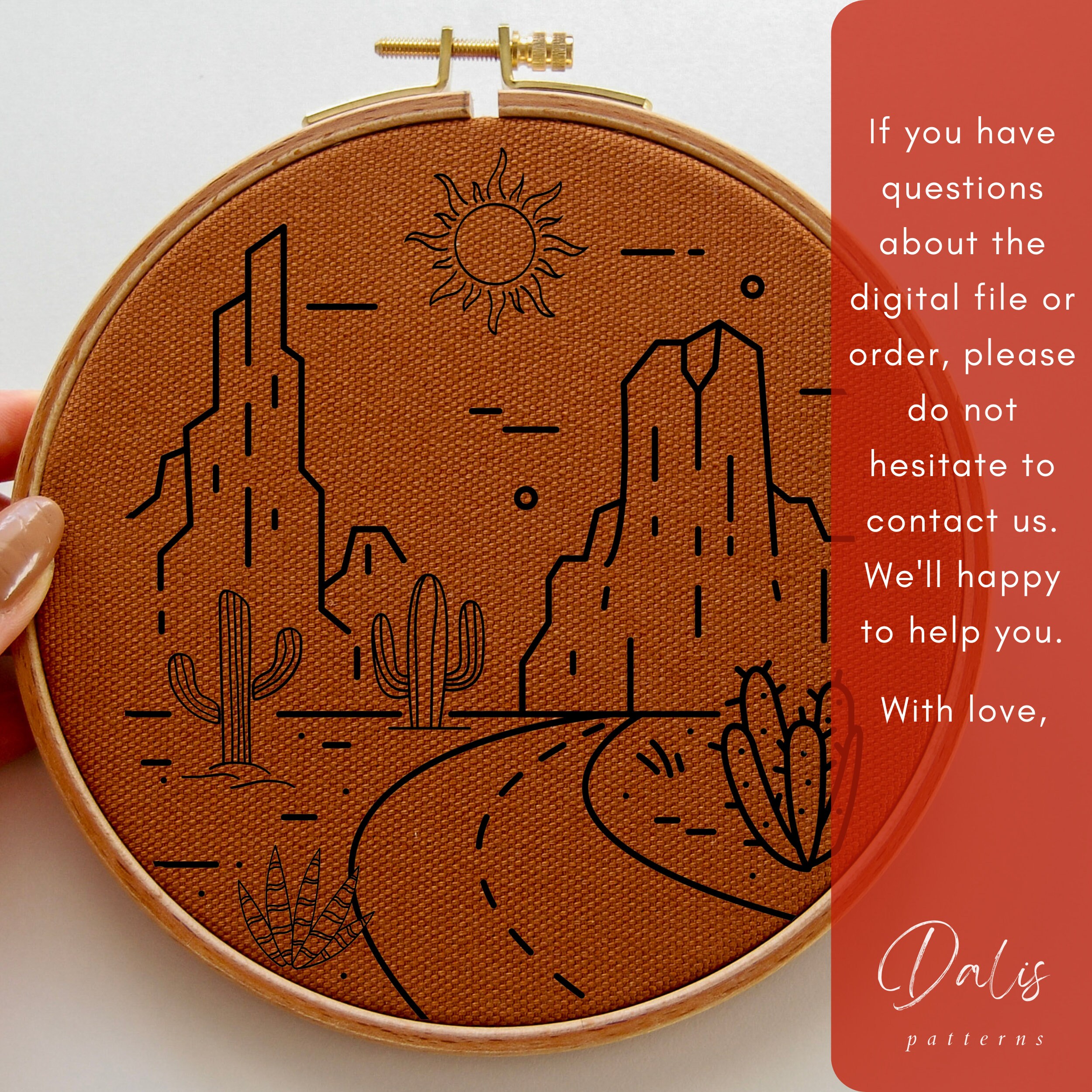 Landscape Hand Embroidery PDF Pattern File, Desert With Cactus Monoline ...