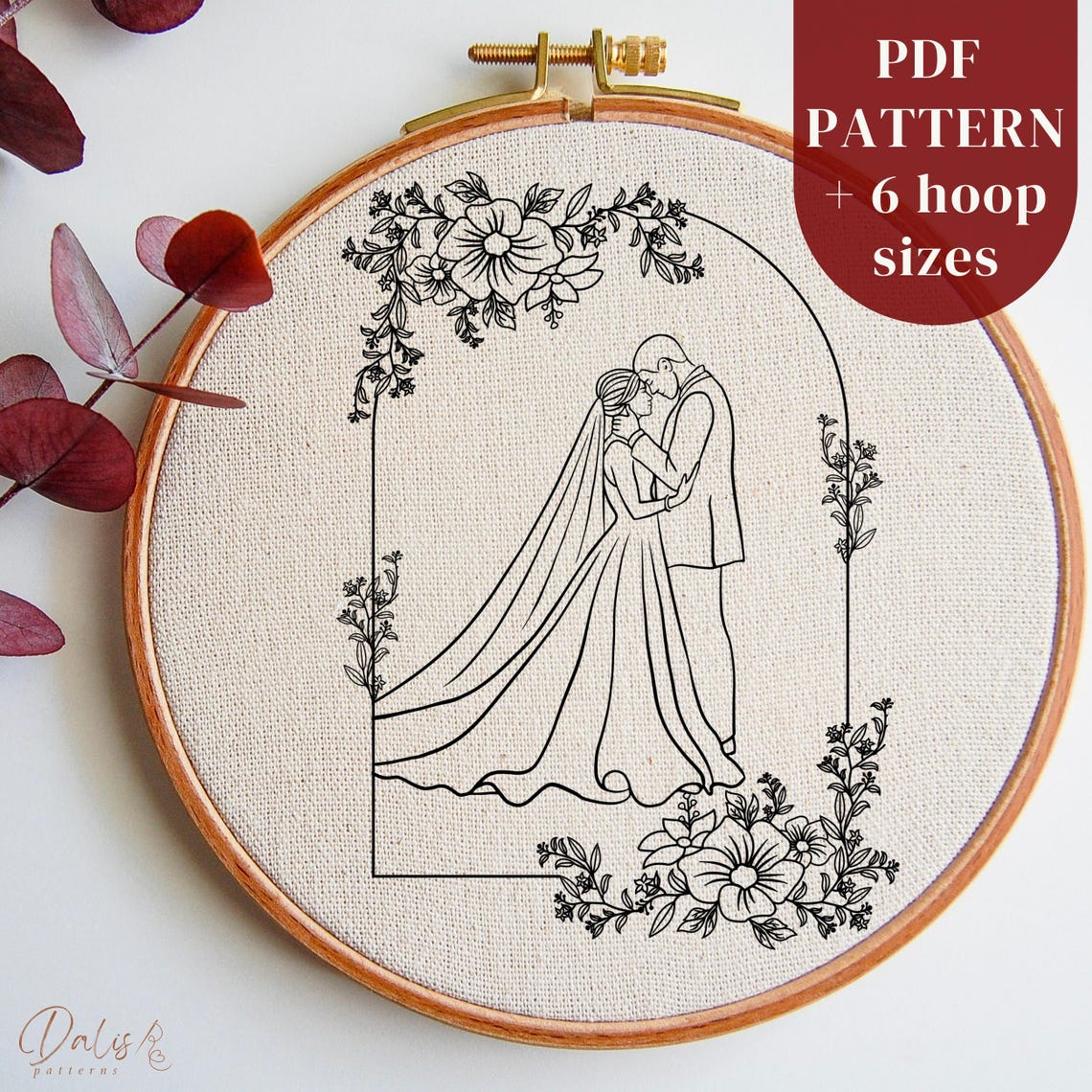 Wedding Embroidery PDF Pattern Template, Groom and Bride in Floral Arch ...