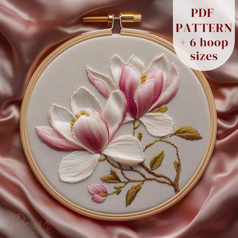 Magnolia Flowers Hand Embroidery Pattern, Meadow of Magnolia Embroidery ...