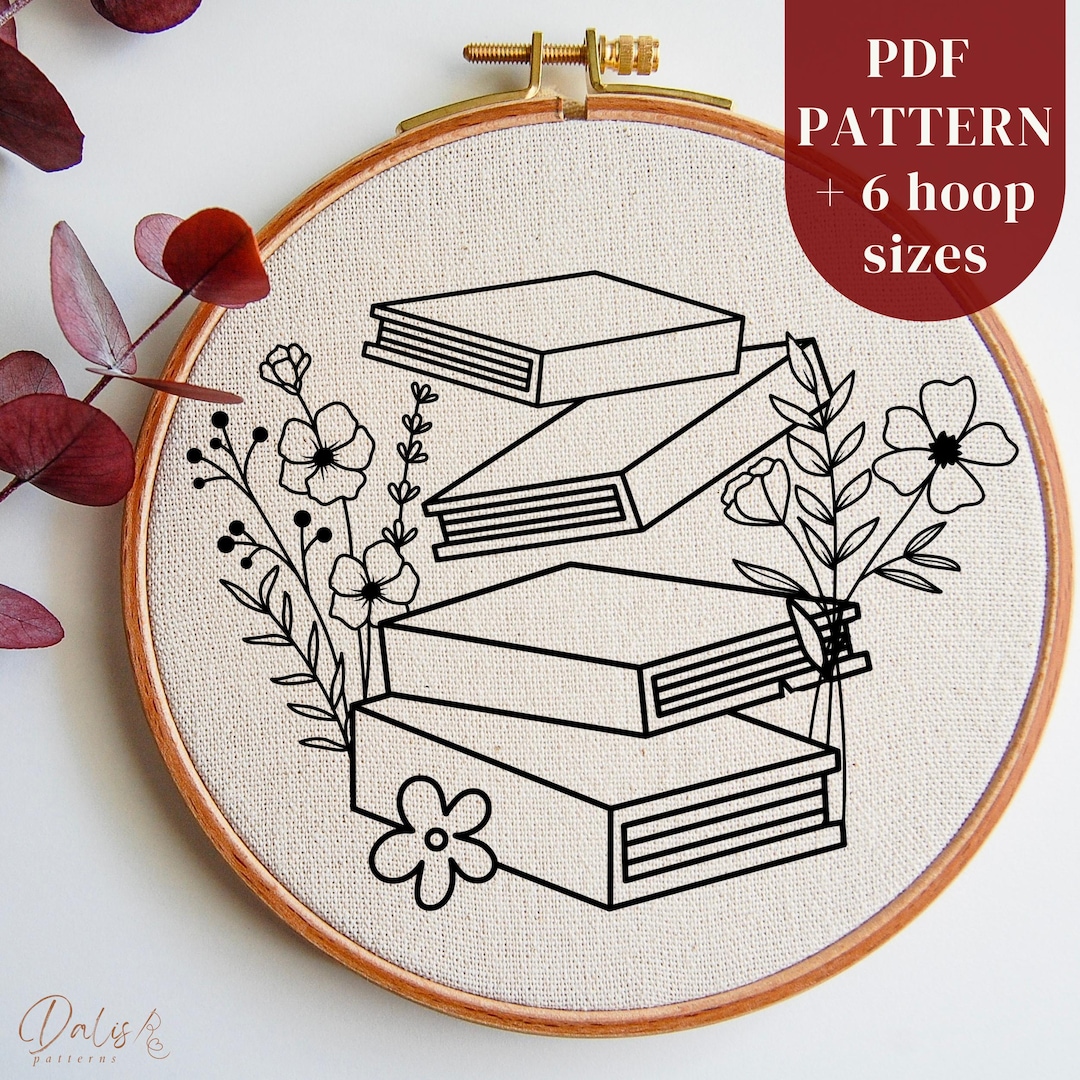Floral Bookish Embroidery Design for DIY Hoop Art Beginners, Modern ...