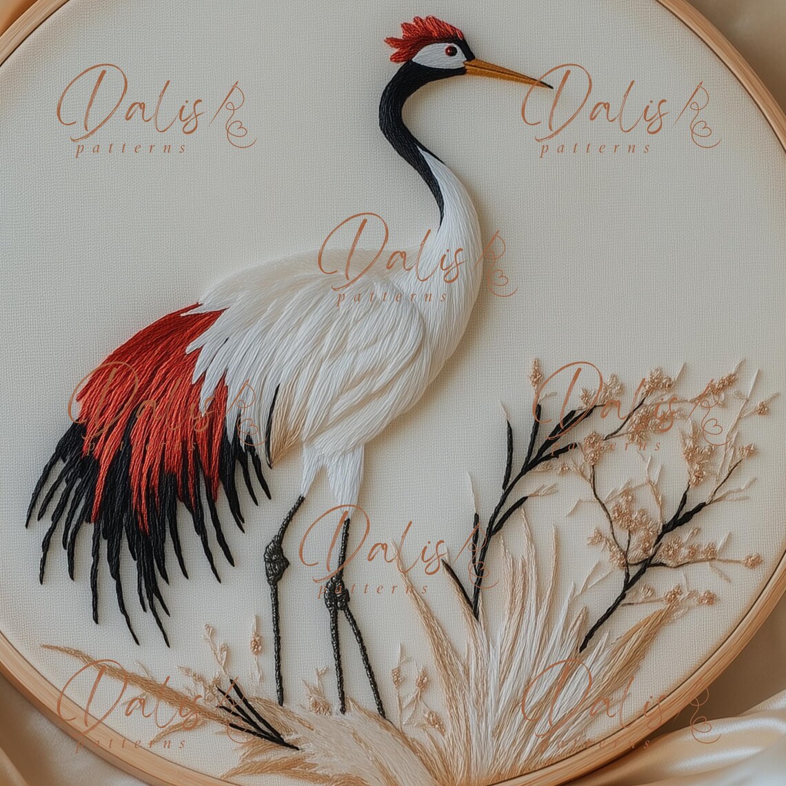 Red Crowned Crane Embroidery Pattern, Japanese Crane Bird Embroidery ...