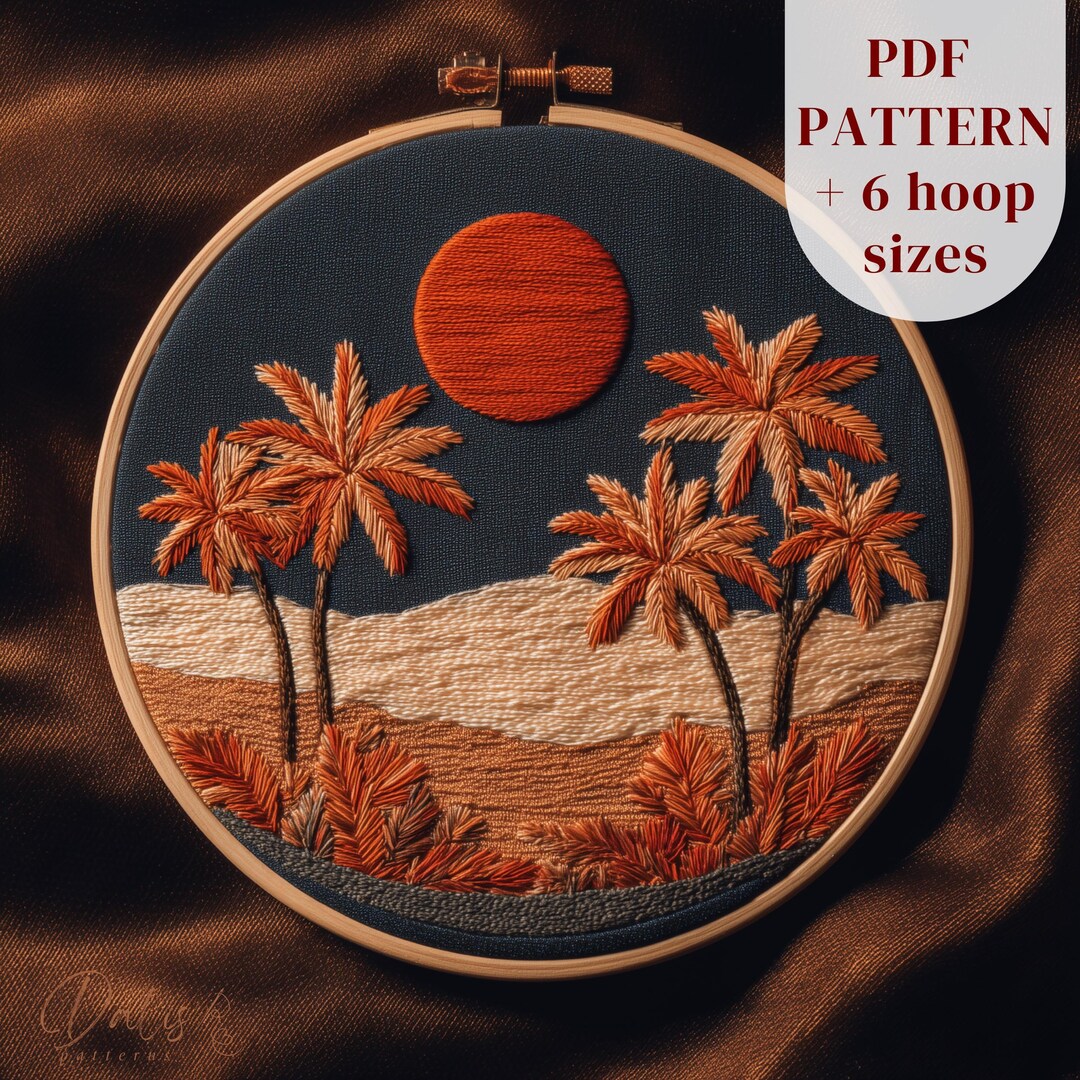Beach Landscape Thread Painting Pattern, Palm Trees and Sunset ...