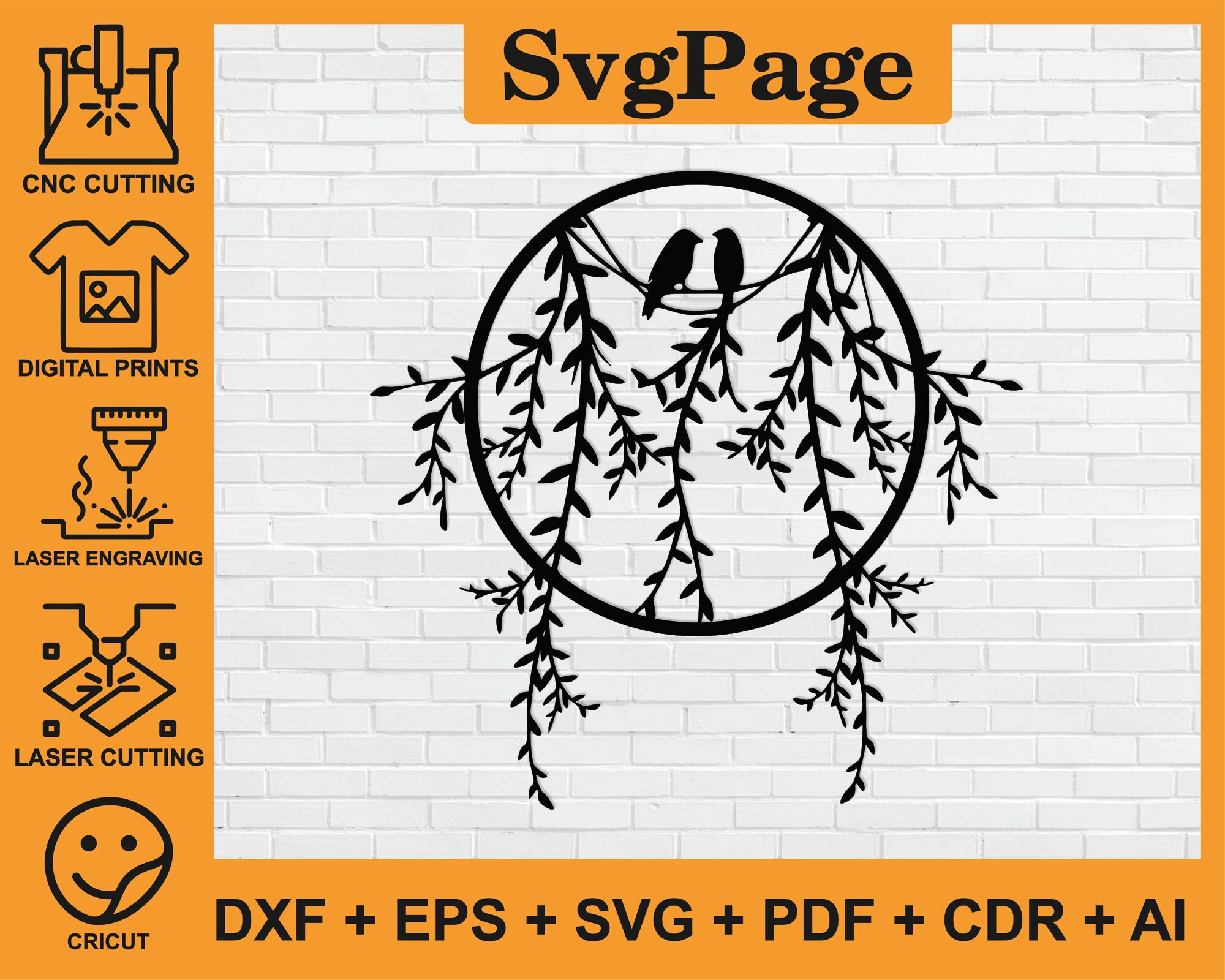 Tree Dxf Branch Svg Bird Laser Cut Png Files Wall Art Sticker Glowforge ...