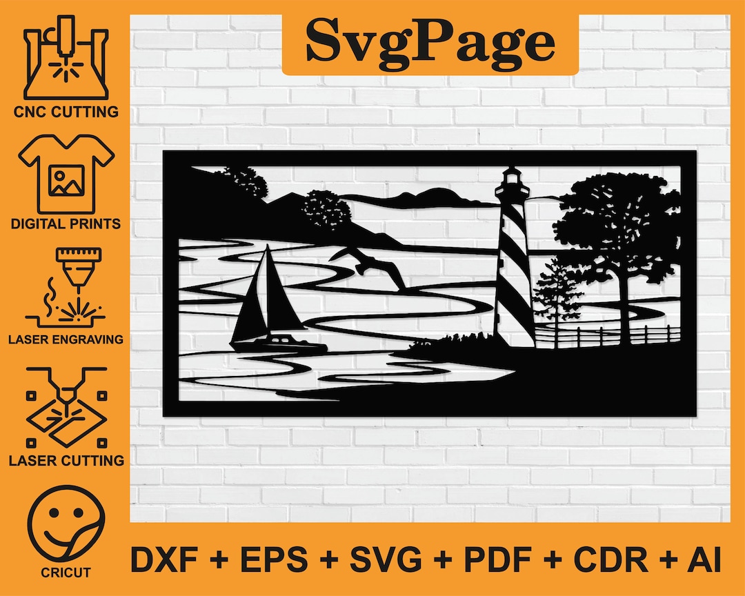 Lighthouse Ocean Sailboat Laser Cut Svg Dxf Files Wall Sticker ...