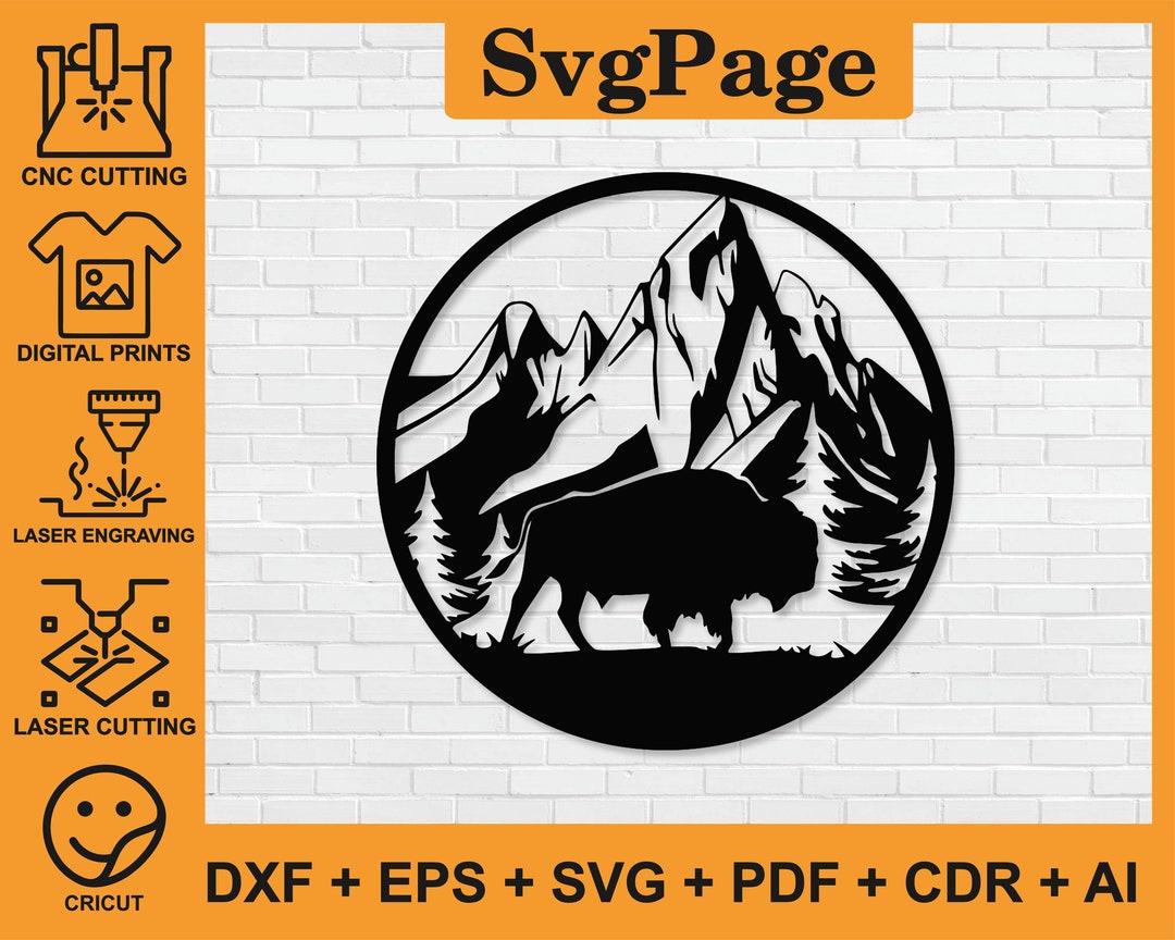 Bison Mountain Forest Laser Cut Dxf Svg Png Pdf Files Wall Art Sticker ...