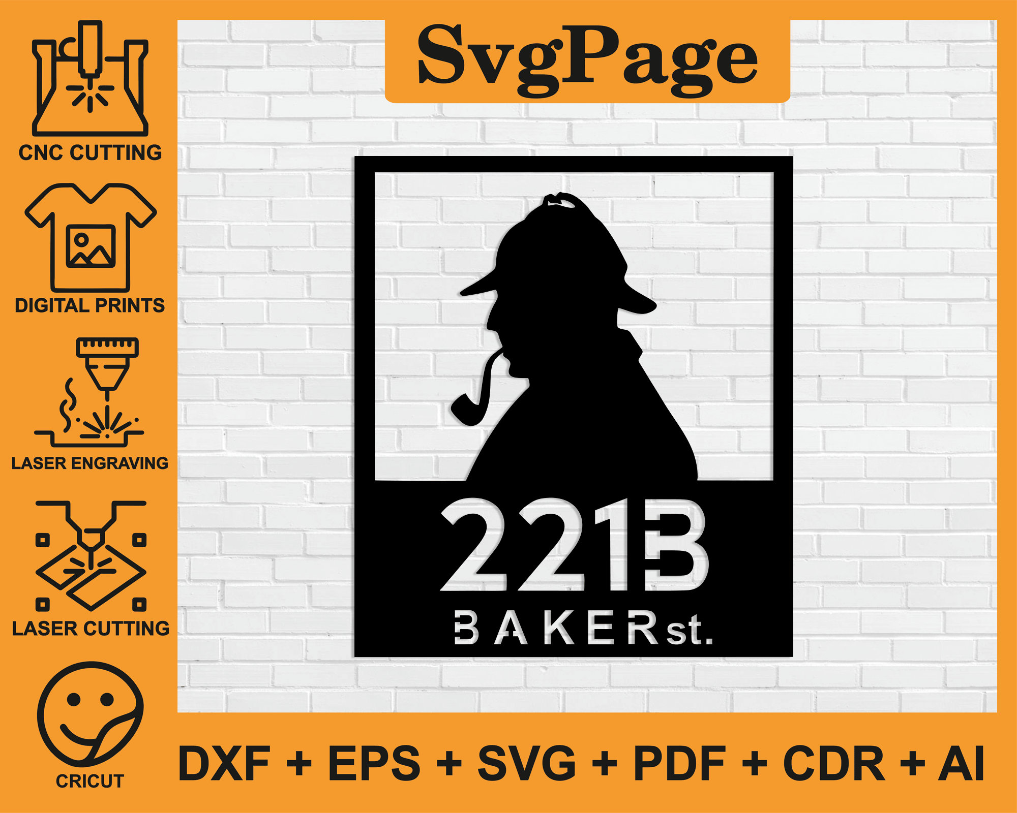 Sherlock Holmes 221B Baker St. Laser Cut Svg Dxf Png Files Wall Art Sticker Glowforge Template ...