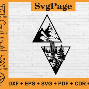 Waterfall Dxf Mountain Tree Laser Cut Svg Dxf Files Wall Art Sticker ...
