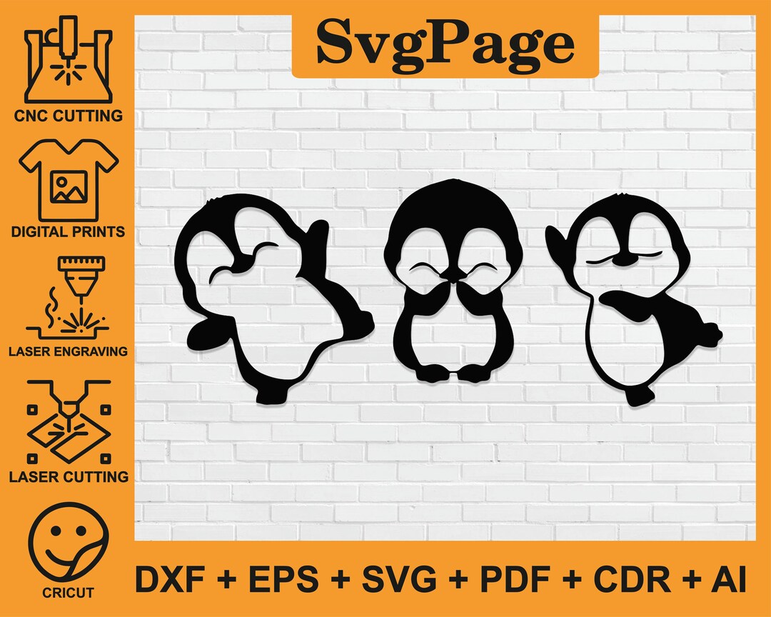 Cute Penguin Laser Cut Svg Dxf Png Files Wall Art Sticker Glowforge ...