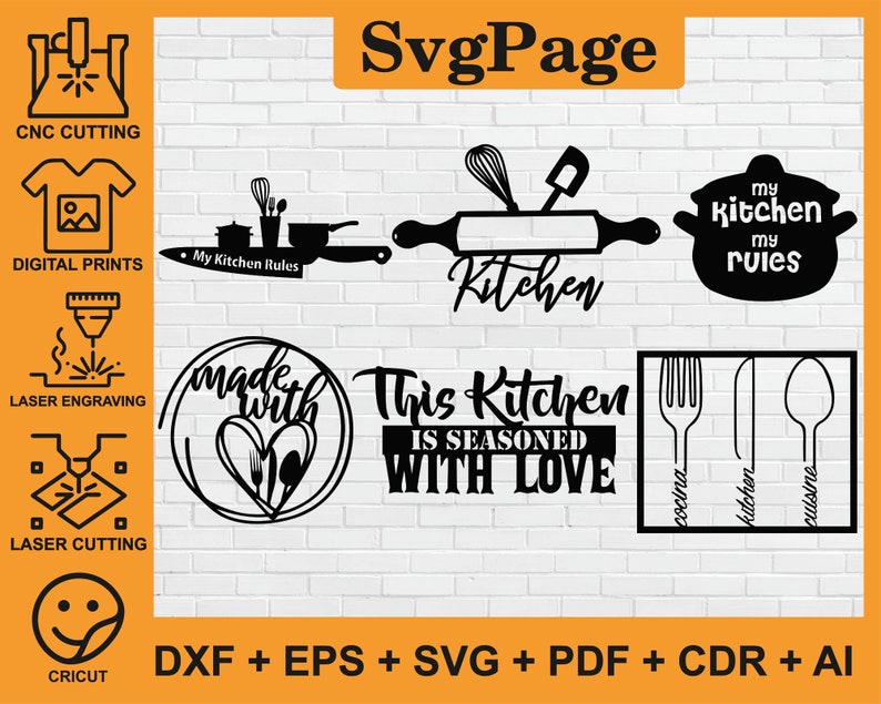 Kitchen Cooking Laser Cut Svg Dxf Files Wall Sticker Engraving Decal ...