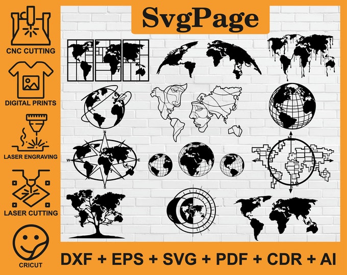 Laser Cut Vector Files SVG CNC World Map Panel Svg World Map Earth Cnc ...