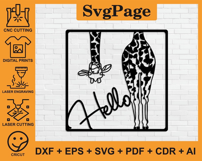 Hello Giraffe Dxf Animal Svg Laser Cut Png Files Wall Art - Etsy