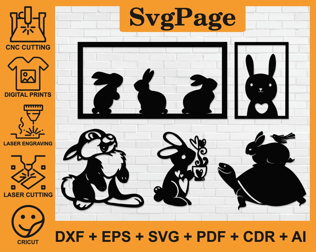5 Pcs Rabbit Laser Cut Svg Animal Dxf Files Wall Art Sticker Glowforge ...