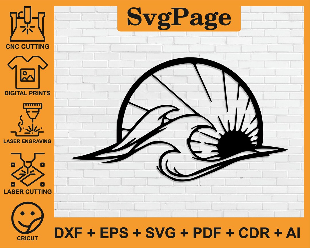 Wave Sun Ocean Laser Cut Svg Dxf Files Wall Sticker Engraving Decal ...