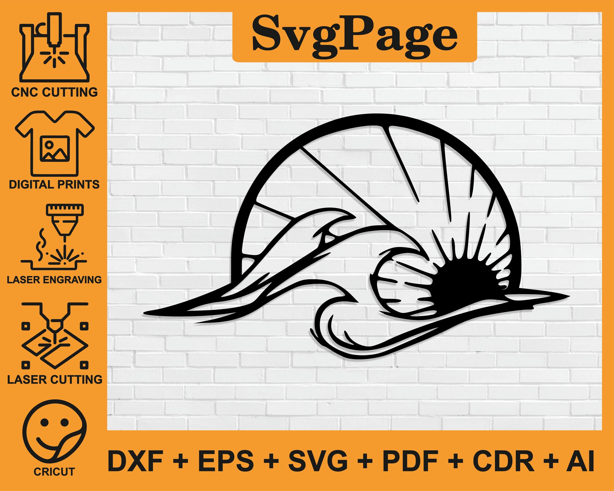 Wave Sun Ocean Laser Cut Svg Dxf Files Wall Sticker Engraving Decal ...