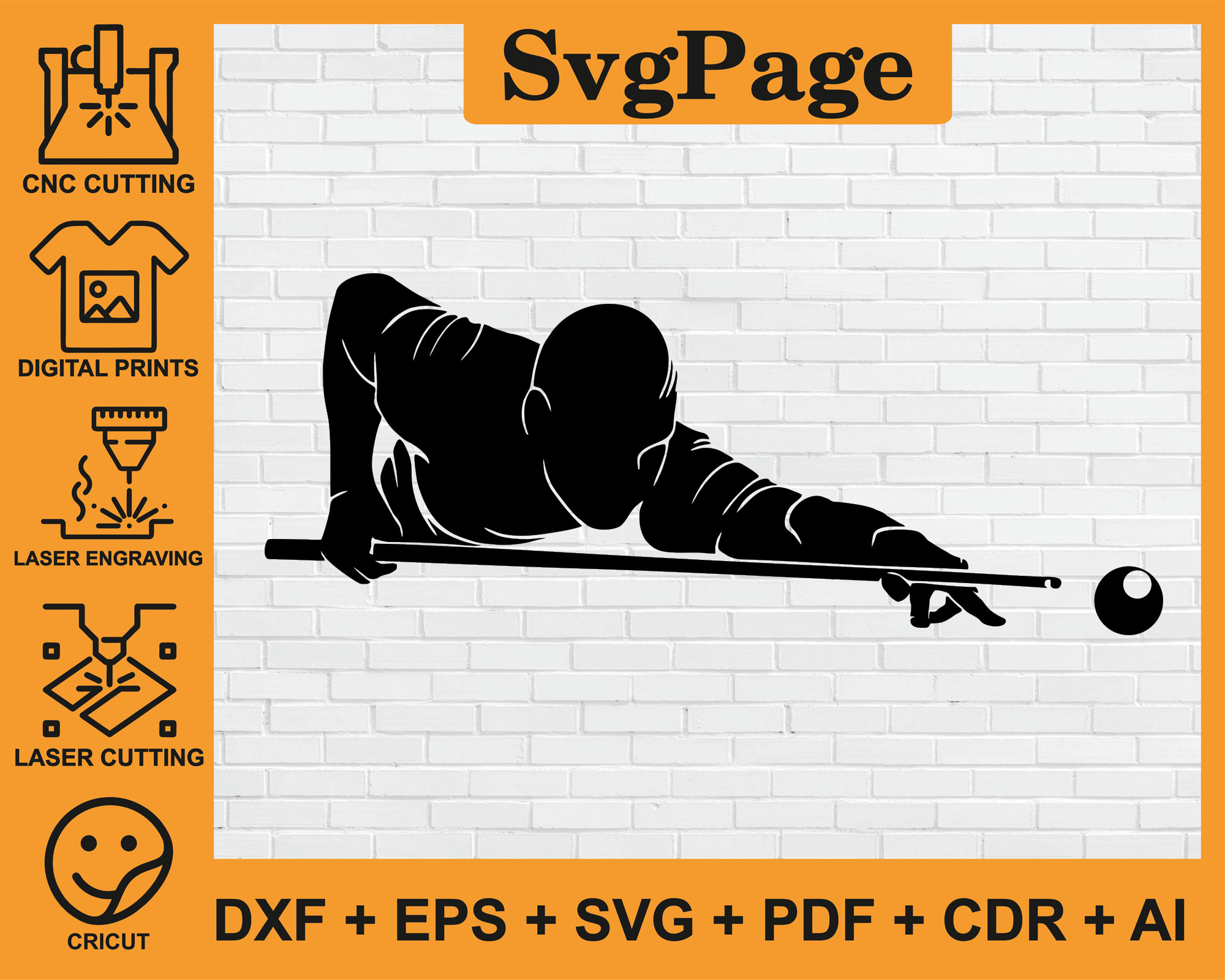 Billiards Cue Sports Laser Cut Svg Dxf Pdf Png Files Wall Art Sticker ...