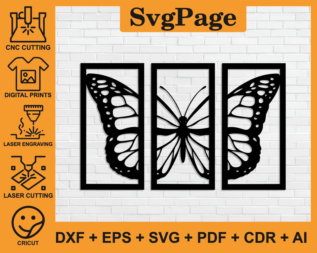 Butterfly Dxf Svg Laser Cut Png Pdf Files Wall Art Sticker Glowforge ...