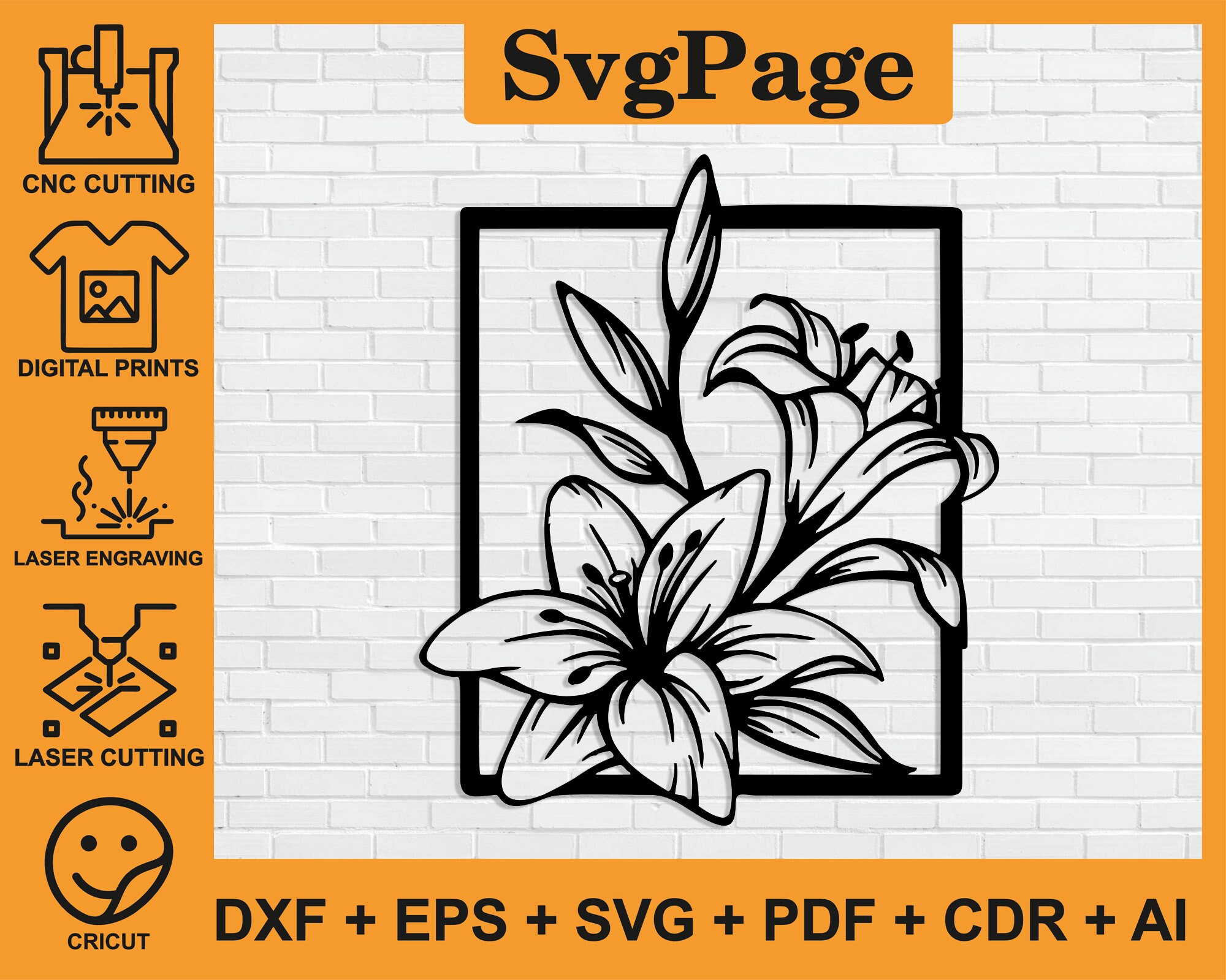 Lily Flowers Laser Cut Svg Dxf File Wall Sticker Pdf Silhouette ...