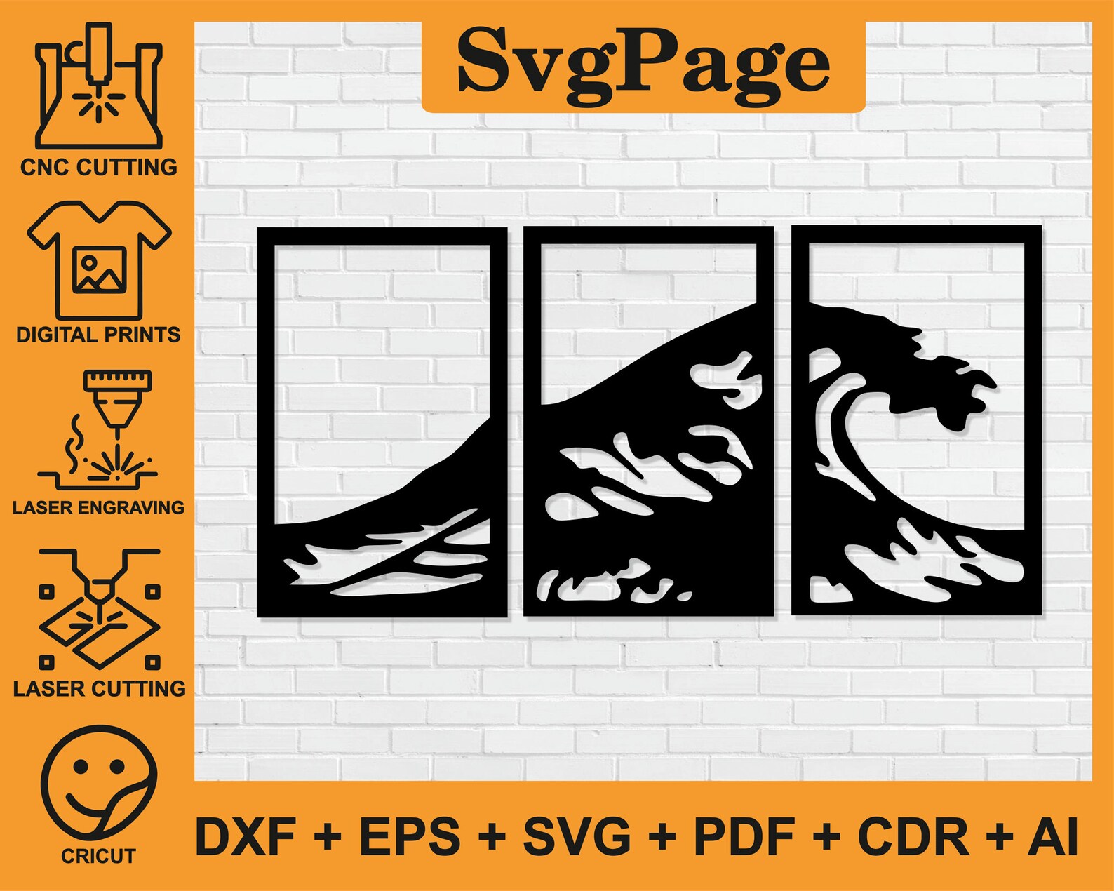Wave Ocean Sea Laser Cut Svg Dxf Files Wall Sticker Engraving Decal ...