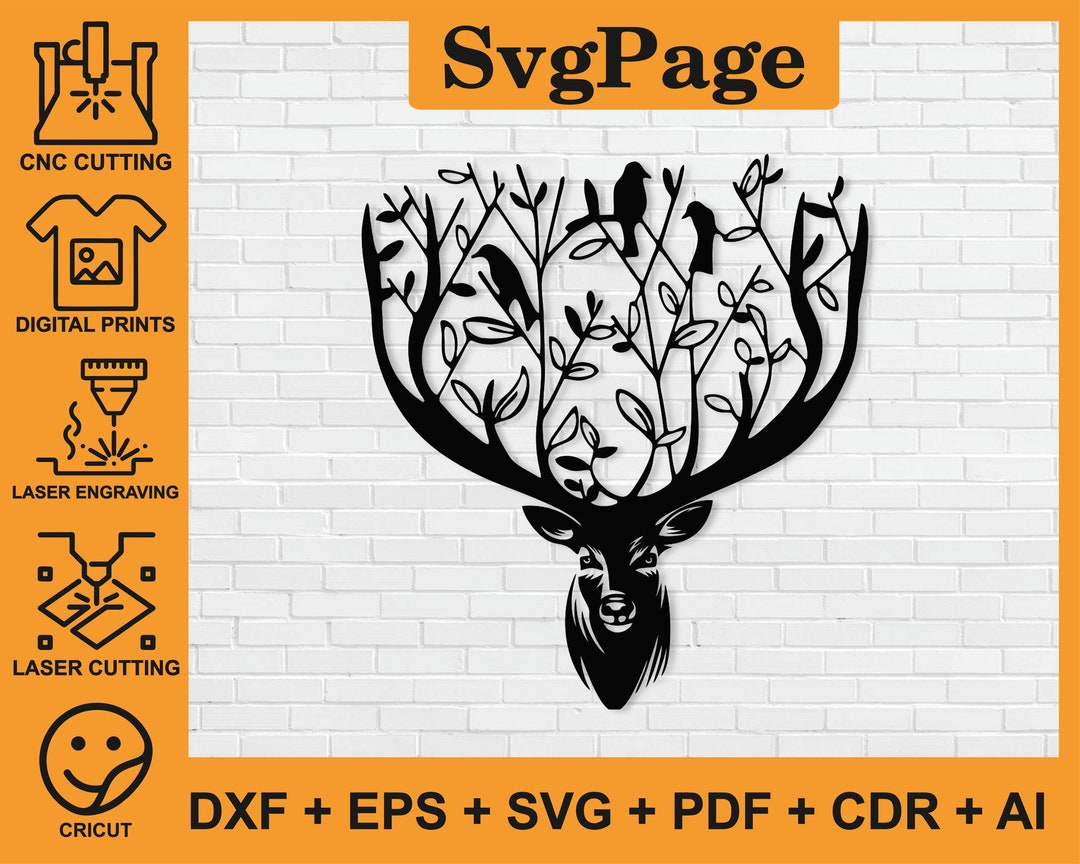 Tree Branch Deer Dxf Svg Pdf Laser Cut Png Files Wall Art Sticker ...