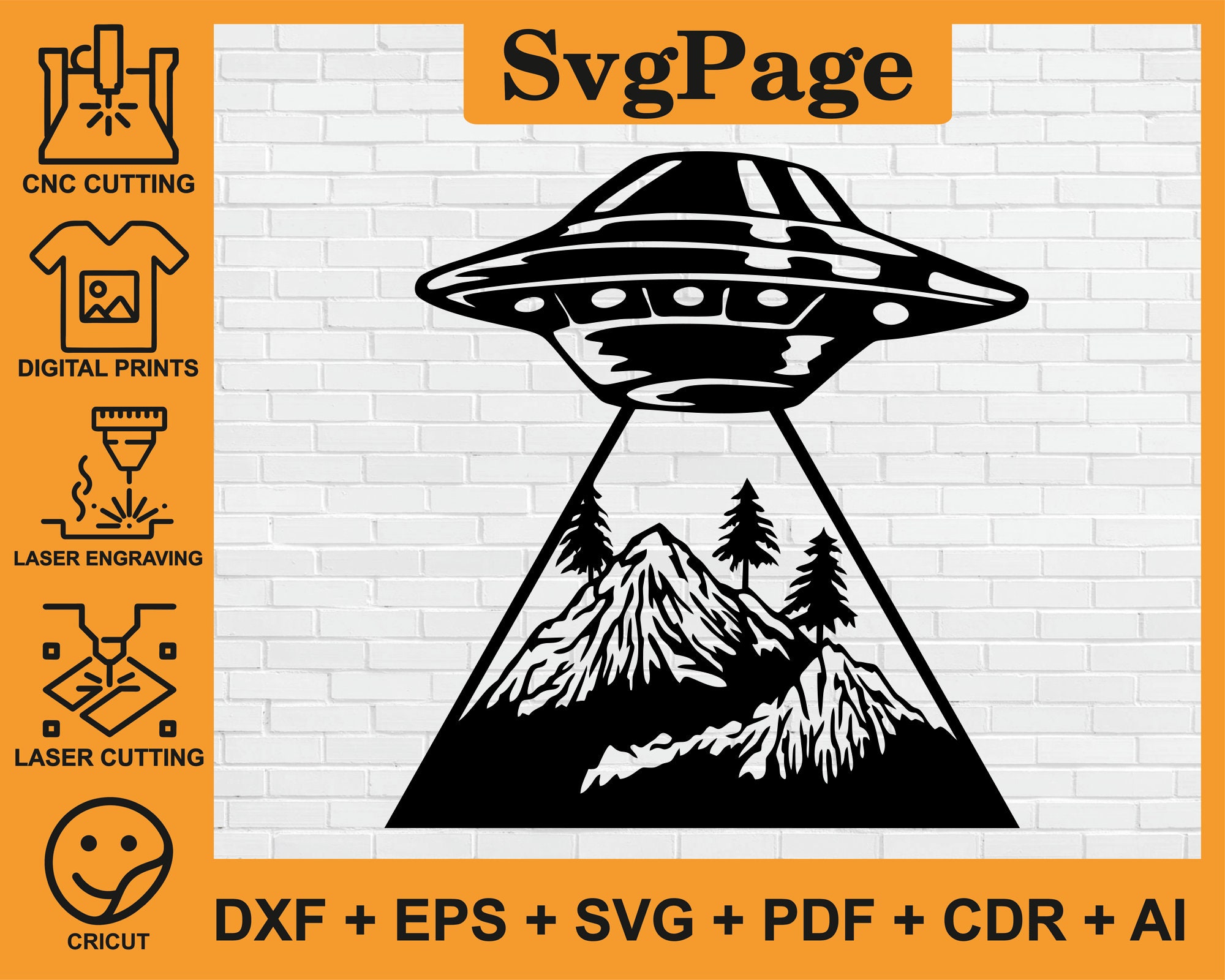 UFO Alien Mountain Forest Laser Cut Svg Dxf Files Wall Art Sticker ...
