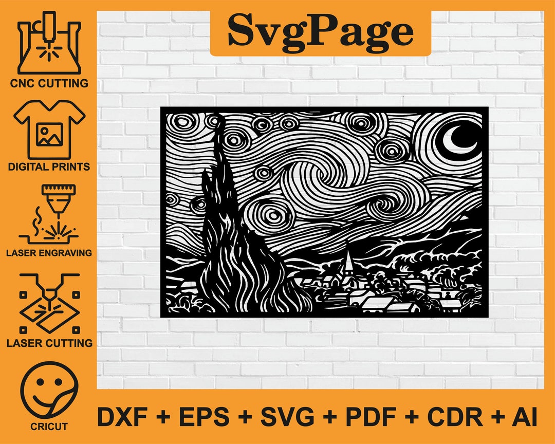 The Starry Night Van Gogh Dxf Laser Cut Svg Png Files Wall Art Sticker ...