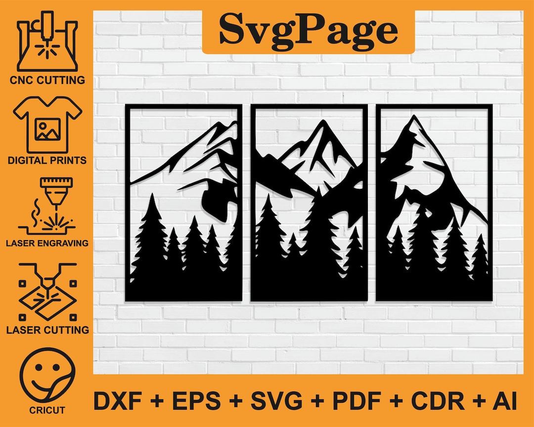 Mountain Forest Tree Laser Cut Svg Dxf Files Wall Sticker Engraving ...