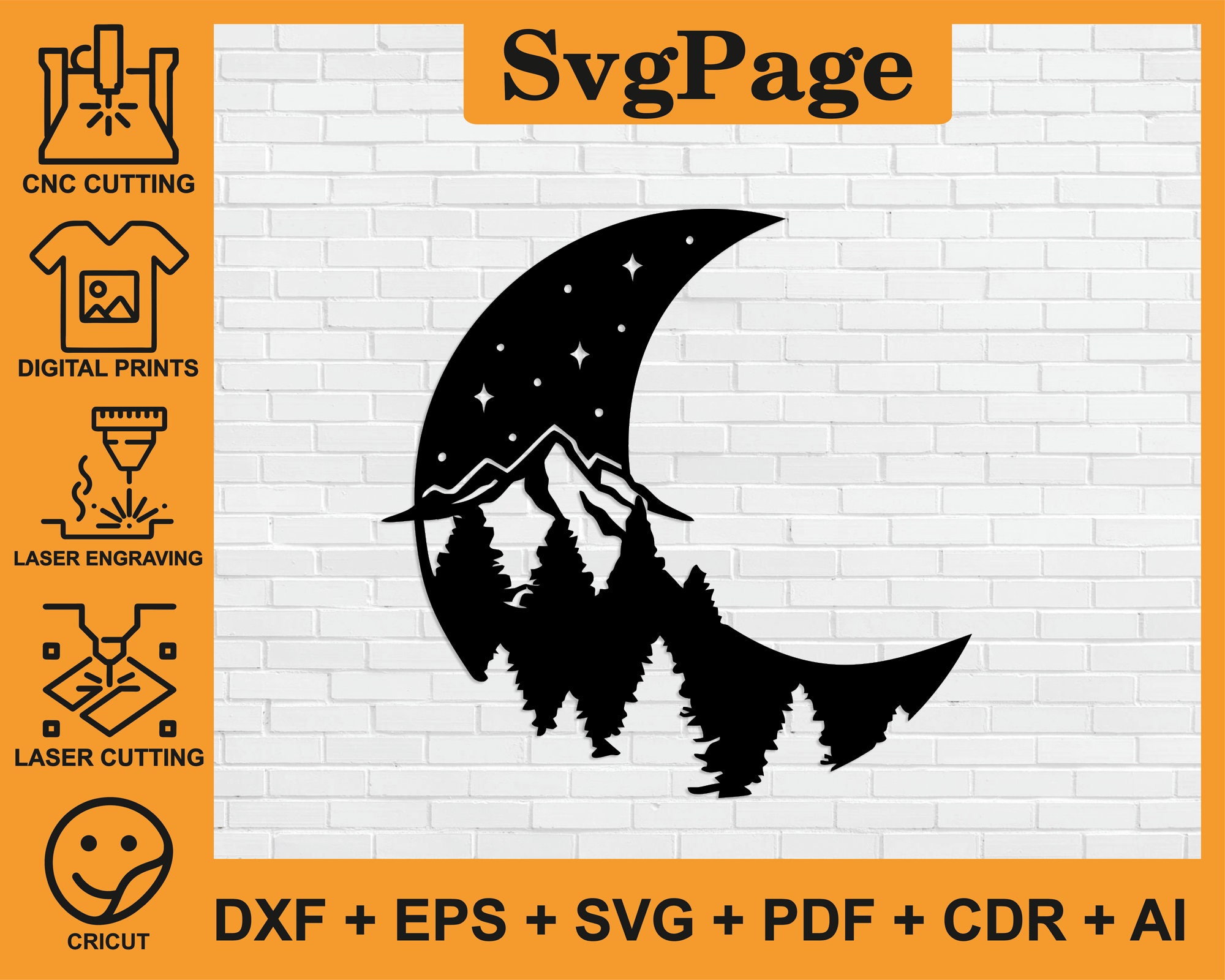 Moon Mountain Tree Laser Cut Svg Dxf Files Wall Sticker Engraving Decal ...